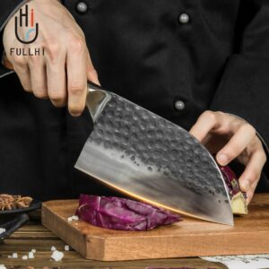 FULLHI 17pcs Butcher Chef Knife Set include sheath High Carbon Steel Cleaver Kitchen Knife Whole Tang Vegetable Cleaver Home BBQ Camping with Knife Bag,Meat Thermometer