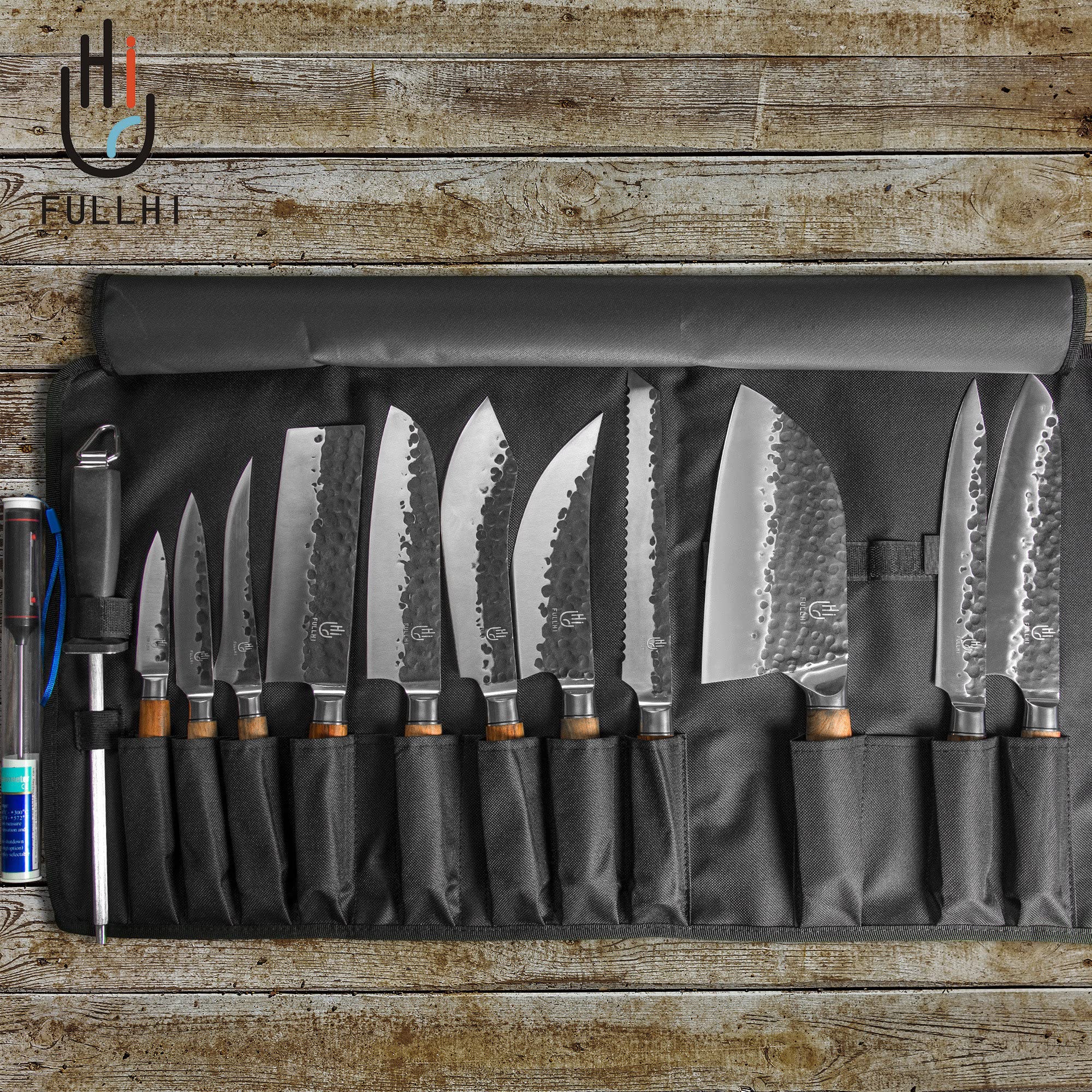 FULLHI 17pcs Butcher Chef Knife Set include sheath High Carbon Steel Cleaver Kitchen Knife Whole Tang Vegetable Cleaver Home BBQ Camping with Knife Bag,Meat Thermometer