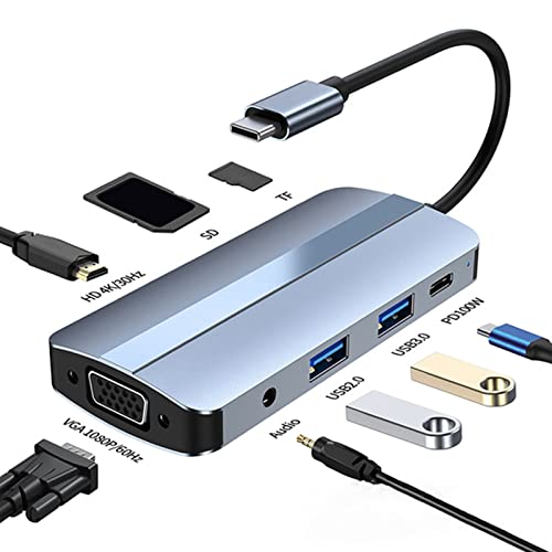 8-in-1 Type-C Network Hub Multi-Splitter Adapter with Usb3.0 + Usb2.0 + Audio + Pd + Vga + Hdmi + Sd + Tf for Pc Computer Acc