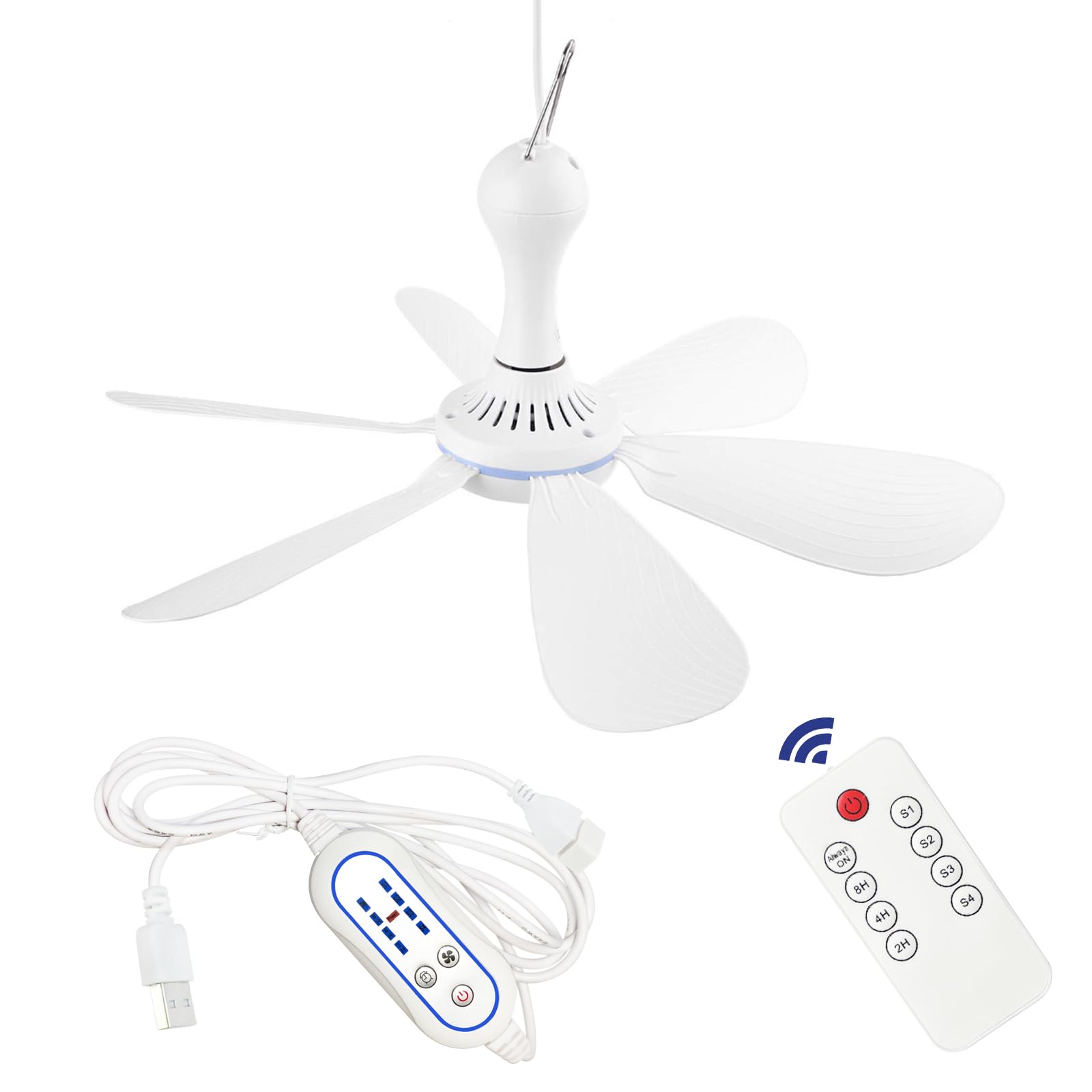 SCOOYEEES Silent USB Powered Ceiling Fan with Remote Control Timing 4 Speed, Quiet Small DC Plug in Ceiling Fan Hanging Fan for Camping Bed RV Tent Canopy Room