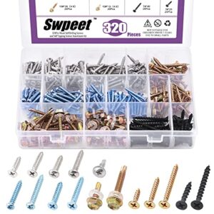 swpeet 320pcs 16 mixed self drilling & self tapping screws wood screws assortment kit, multi-use perfect for wood screws, sheet metal screws, and drywall screws