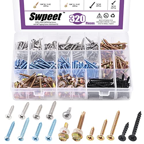 Swpeet 320Pcs 16 Mixed Self Drilling & Self Tapping Screws Wood Screws Assortment Kit, Multi-use Perfect for Wood Screws, Sheet Metal Screws, and Drywall Screws