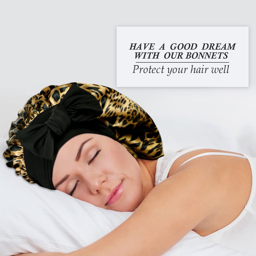 2 Pieces Adjustable Silky Hair Bonnet with Wide Elastic Tie Band Straps, Satin Sleeping Cap Jumbo Size for Women Hair Care Black+Leopard Print