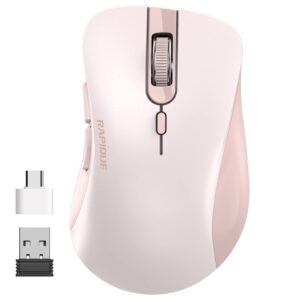 rapique wireless mouse, 2.4g silent computer mice with usb receiver & type-c adapter, portable mobile optical cordless mouse for laptop, pc, desktop, macbook, 3 dpi adjustment levels (pink)