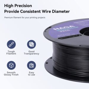 NAGA PETG Filament 1.75mm, Durable PETG 3D Printer Filament, 1kg Spool(2.2lbs), Dimensional Accuracy +/- 0.02 mm, Black