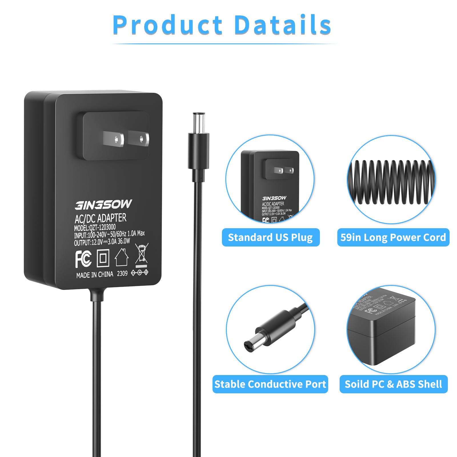 12V 3A Power Supply Adapter,GINGSOW AC 100-240V to DC 12V LED Driver Max 36W 5.5MM x 2.1MM DC Output Jack with 1.5M Long Cable for LED Strip Light, CCTV Security System, Router