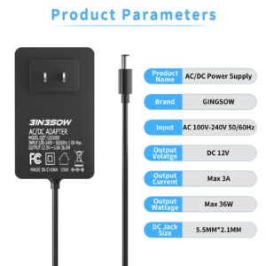 12V 3A Power Supply Adapter,GINGSOW AC 100-240V to DC 12V LED Driver Max 36W 5.5MM x 2.1MM DC Output Jack with 1.5M Long Cable for LED Strip Light, CCTV Security System, Router