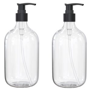 2 pcs 10 ounce clear plastic pump bottle dispenser, refillable empty bottle container with pump for essential oil soap lotion shampoo.