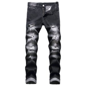 men's casual ripped jeans distressed slim fit straight leg denim pants classic destroyed washed jean trousers (black,32)