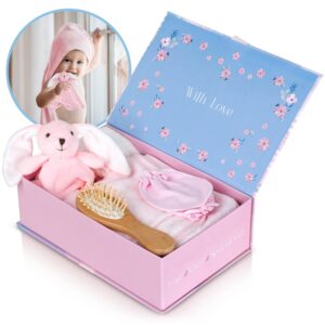 foreverpure baby towels with hood newborn gift set - gentle & soft baby bath towels hooded w/washcloths, mittens, brush, & ultra soft security blanket, infant hooded towels for baby girl & boy, pink