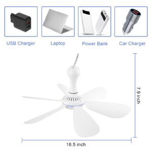 SCOOYEEES Silent USB Powered Ceiling Fan with Remote Control Timing 4 Speed, Quiet Small DC Plug in Ceiling Fan Hanging Fan for Camping Bed RV Tent Canopy Room