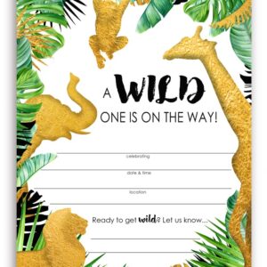 POP parties Golden Safari Baby Shower Invitations - 40 Pieces - 20 Invitations + 20 Envelopes - Gold Safari Baby Shower Supplies - Jungle Baby Shower Decorations - Safari Shower Invitations - WB 20ct