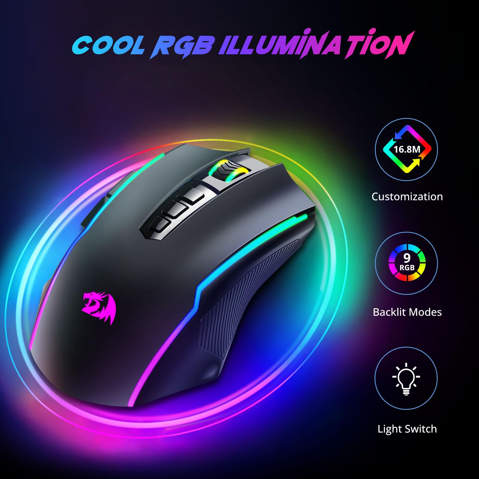 Redragon Gaming Mouse, Wireless Mouse Gaming with 8000 DPI, PC Gaming Mice with Fire Button, RGB Backlit Programmable Ergonomic Mouse Gamer, Rechargeable, 70Hrs for Windows, Mac Gamer, Black