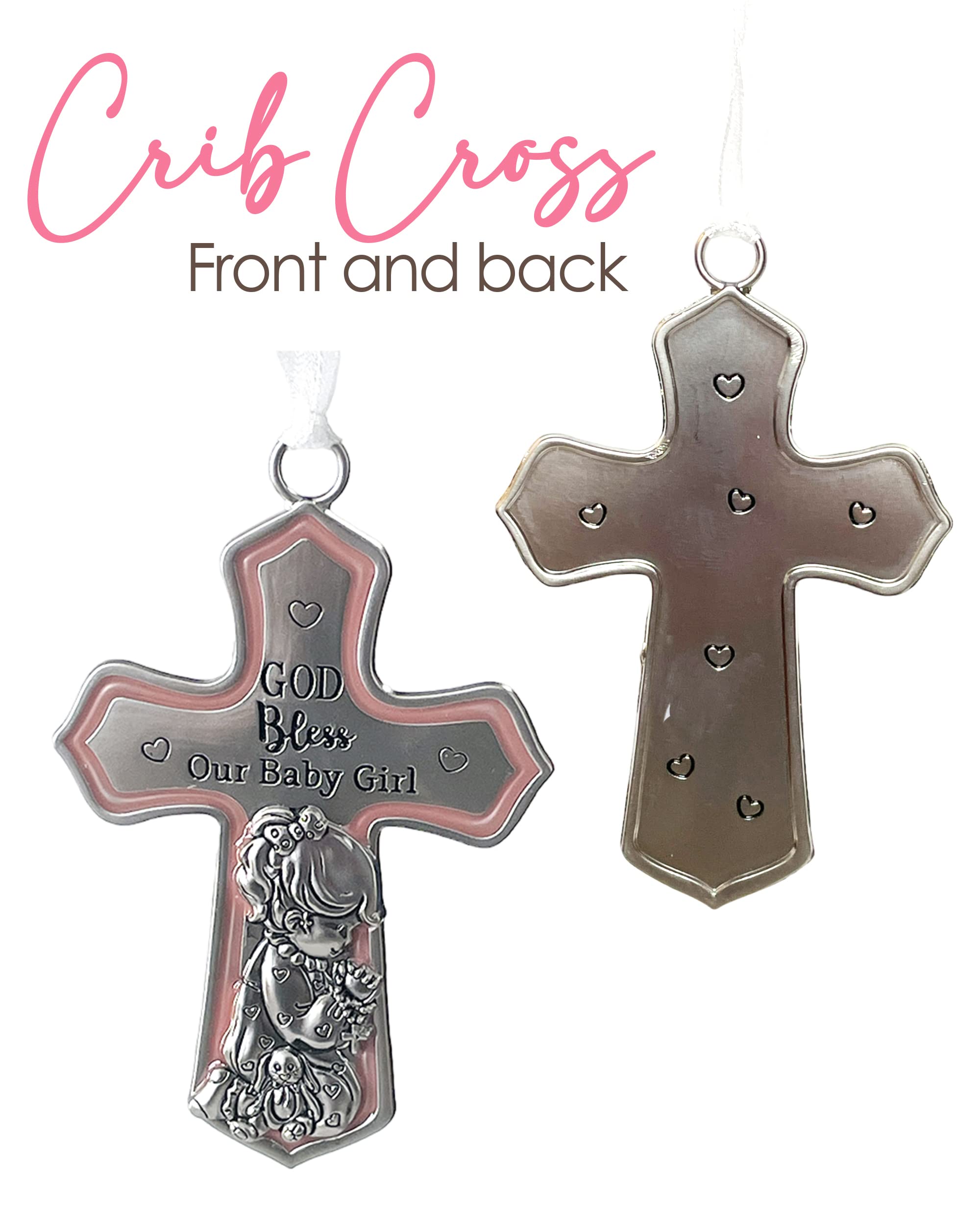 Christening Gifts for Girls, Catholic Baptismal Gifts for Girls, Ornate Crib Cross Baby Girl, Baby Shower Crib Medal Praying Girl, God Bless Our Baby Girl Nursery Wall Cross Décor