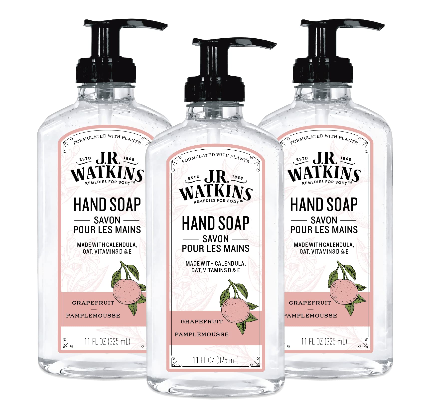 J.R. Watkins Gel Hand Soap For Bathroom or Kitchen, Scented, USA Made And Cruelty Free, 11 Fl Oz, Grapefruit, 3 Pack