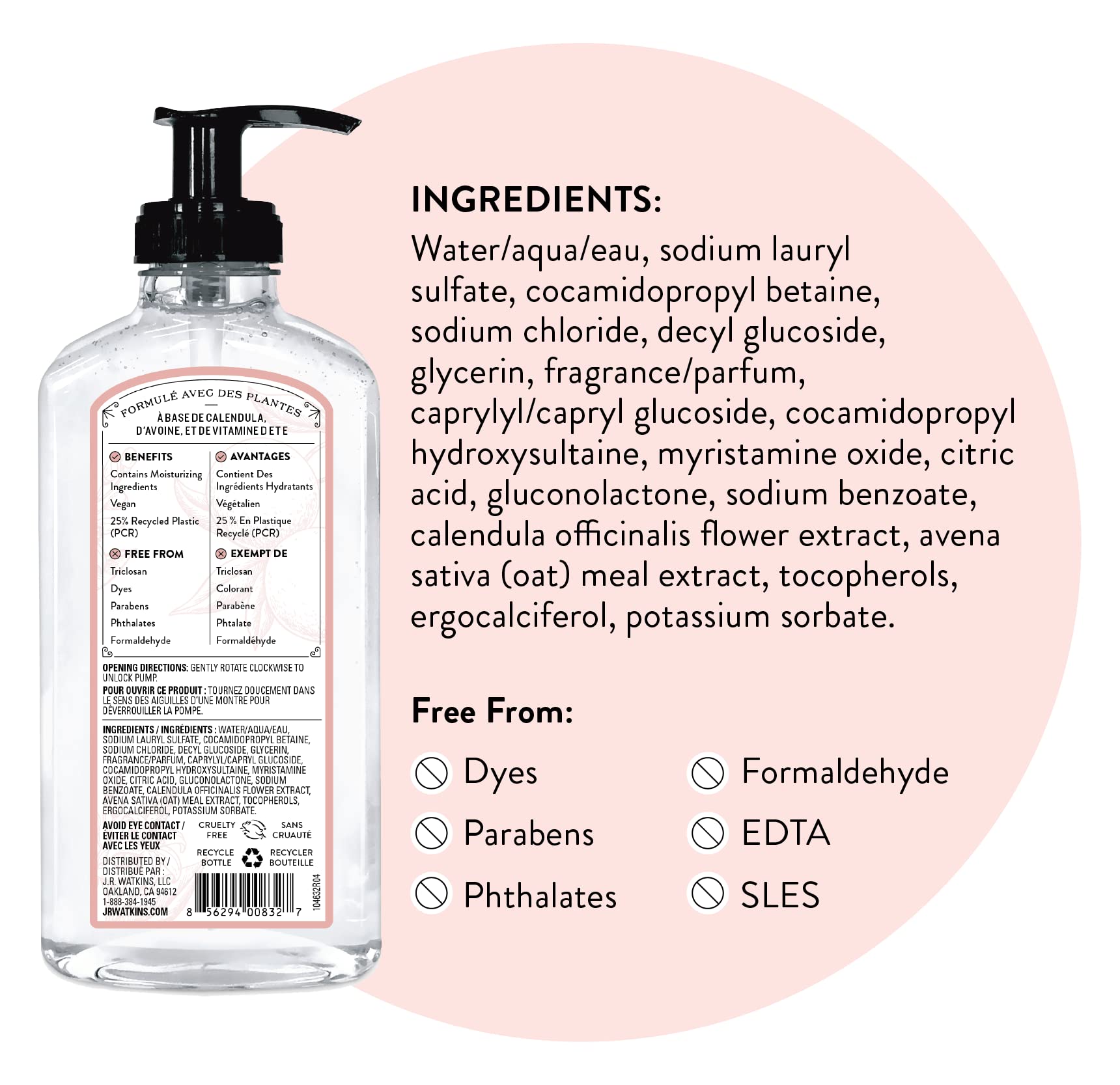 J.R. Watkins Gel Hand Soap For Bathroom or Kitchen, Scented, USA Made And Cruelty Free, 11 Fl Oz, Grapefruit, 3 Pack