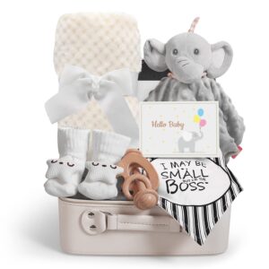 iaovueby baby shower gifts, baby boy gifts, christmas baby gift set for newborn essentials baby blanket elephant lovey wooden rattle, infant bibs socks & greeting card, gender reveal gift basket