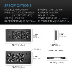 AC Infinity AIRPLATE P7, Quiet Cooling Cabinet Fan System with Power Outlets and USB Ports, Intelligent Thermal Triggering, for Home Theaters, Entertainment Centers, and AV Cabinets