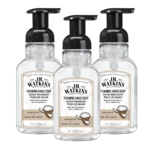 j.r. watkins foaming hand soap pump with dispenser, moisturizing all natural hand soap foam, alcohol-free hand wash, cruelty-free, use as kitchen or bathroom soap, coconut, 9 fl oz, 3 pack