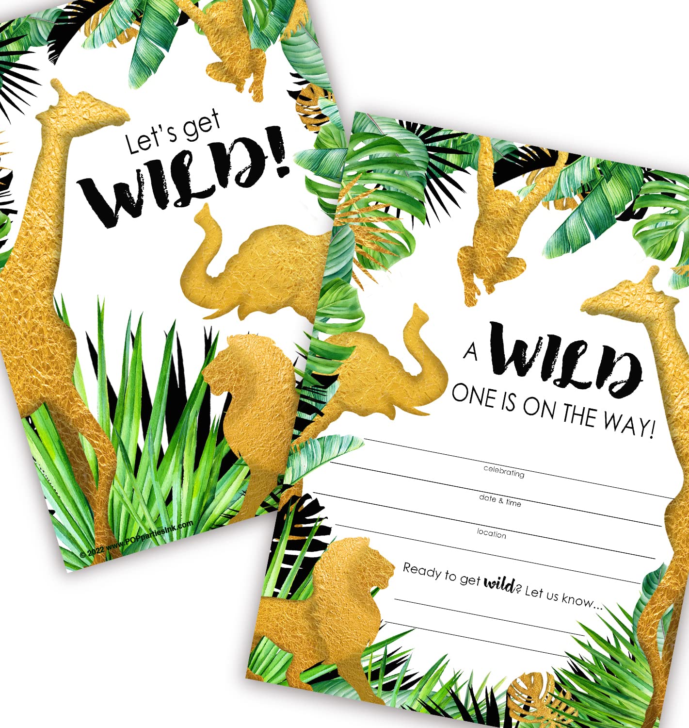 POP parties Golden Safari Baby Shower Invitations - 40 Pieces - 20 Invitations + 20 Envelopes - Gold Safari Baby Shower Supplies - Jungle Baby Shower Decorations - Safari Shower Invitations - WB 20ct