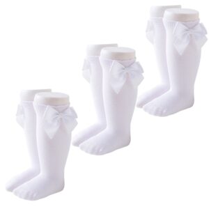 marchare baby girls knee high socks baby girls bow stockings cotton uniform stockings dress socks 3 pack,white 0-3 months