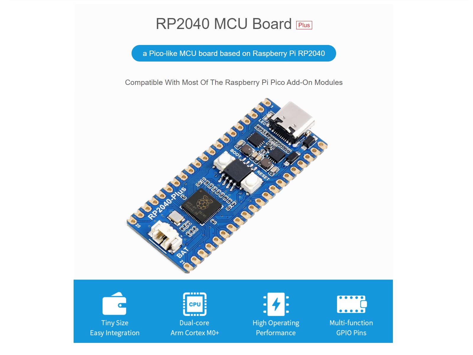 waveshare RP2040-Plus Mini Board High-Performance Pico-Like MCU Board Based on Raspberry Pi RP2040 Chip,Dual-core Arm Cortex M0+ Processor,USB-C Connector,Onboard 4MB Flash,Higher Current DC-DC Chip