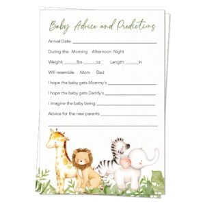 the invite lady safari animals baby shower predictions and baby advice card watercolor mom to be sprinkle zebra giraffe elephant lion jungle zoo animals unisex printed cards (24 count)