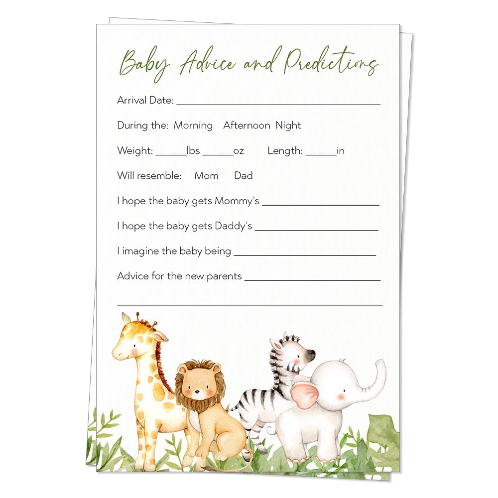 The Invite Lady Safari Animals Baby Shower Predictions and Baby Advice Card Watercolor Mom to Be Sprinkle Zebra Giraffe Elephant Lion Jungle Zoo Animals Unisex Printed Cards (24 Count)