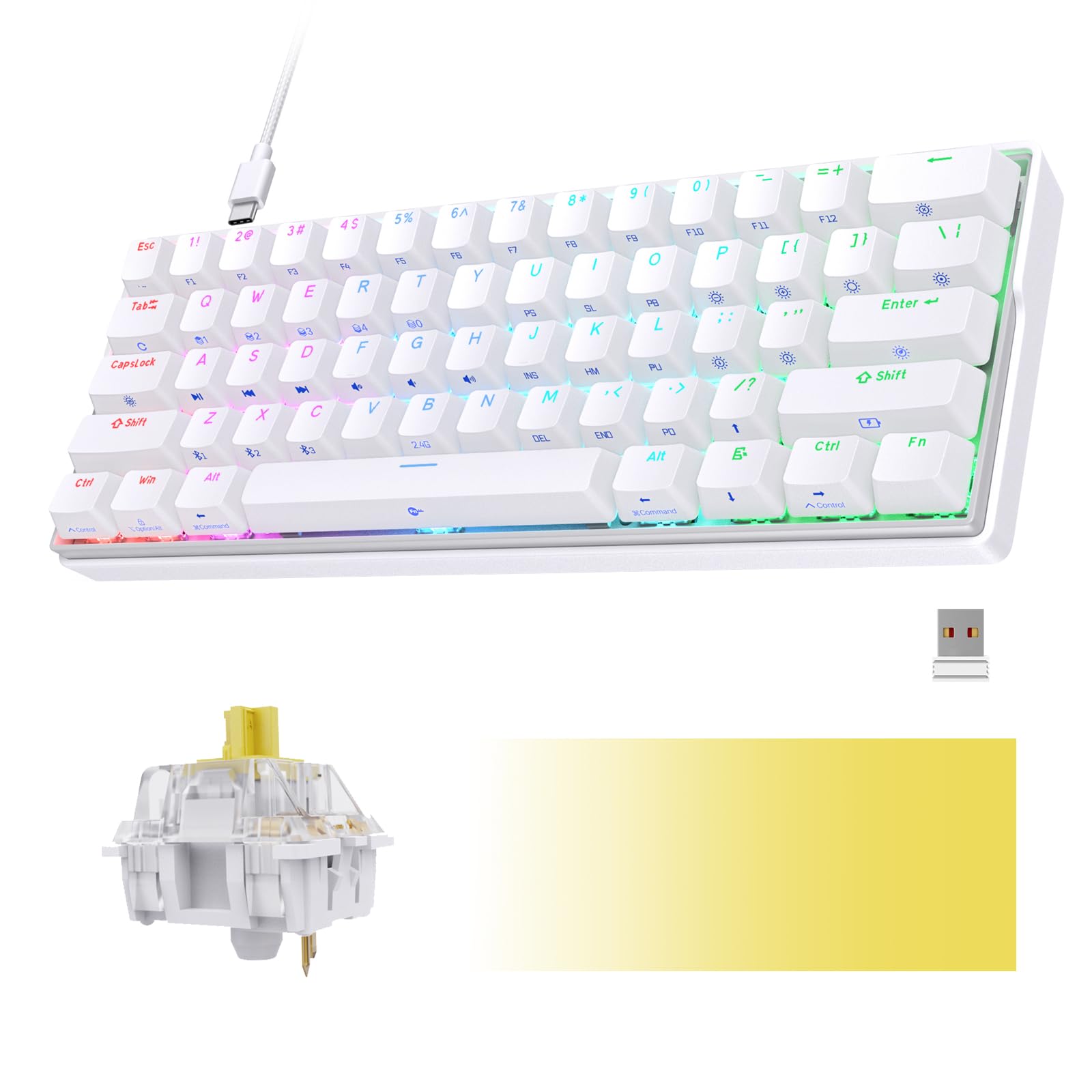 KEMOVE Snowfox DK61 60% Wireless Mechanical Gaming Keyboard, 2.4G/Type-C/Bluetooth Keyboard, Hot Swappable RGB Backlit 61 Keys, Anti Ghosting/N-Key Rollover 3000mAH Battery, Yellow Switch/White