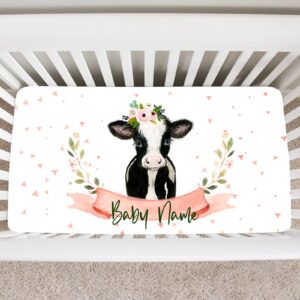 personalized baby fitted crib sheet, customized cow crib bedding with name, custom flower farm nursery crib sheets, soft breathable sheet for toddler baby girl 28 x 52 x 9in