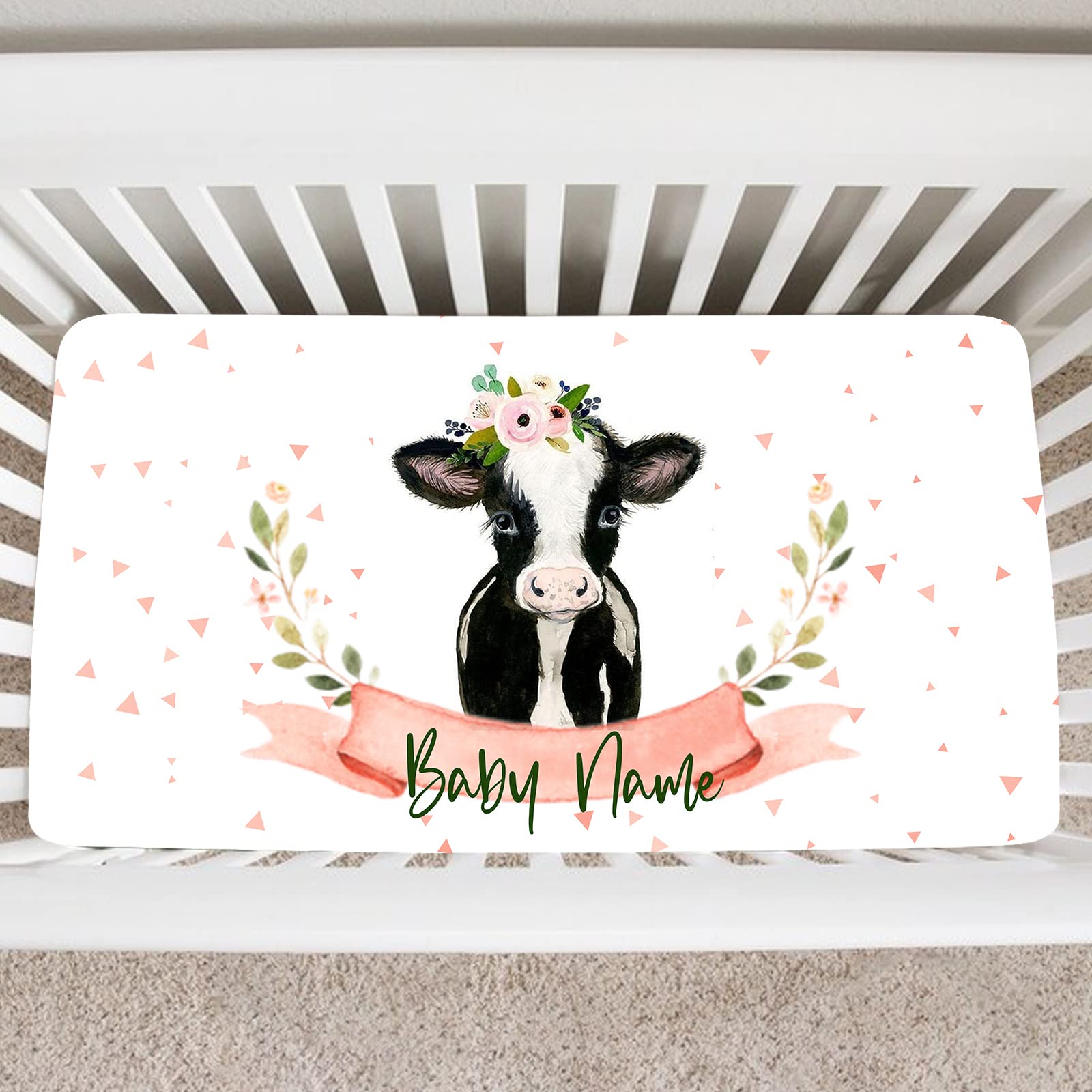 Personalized Baby Fitted Crib Sheet, Customized Cow Crib Bedding with Name, Custom Flower Farm Nursery Crib Sheets, Soft Breathable Sheet for Toddler Baby Girl 28 x 52 x 9in