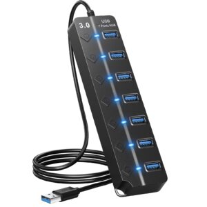 onfinio usb hub 3.0, 7-port usb hub splitter with individual on/off switches and lights, 3.2ft/1m long cable compatible with macbook, laptop, surface pro, ps4, pc, flash drive, mobile hdd