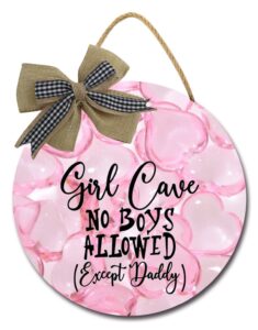 isaric girl cave sign, girls room decorations for bedroom, wood decoration hanging sign, high precision printing, kids room signs for door, no boys allowed sign, room decor 11in（with bow）