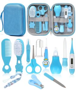 baby healthcare and grooming kit, safety newborn nursery baby care kit, with hair brush comb, nail clipper, thermometer, pacifier clip, baby registry search, newborn essentials girls boys (blue)