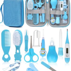 Baby Healthcare and Grooming Kit, Safety Newborn Nursery Baby Care Kit, with Hair Brush Comb, Nail Clipper, Thermometer, Pacifier Clip, Baby Registry Search, Newborn Essentials Girls Boys (Blue)