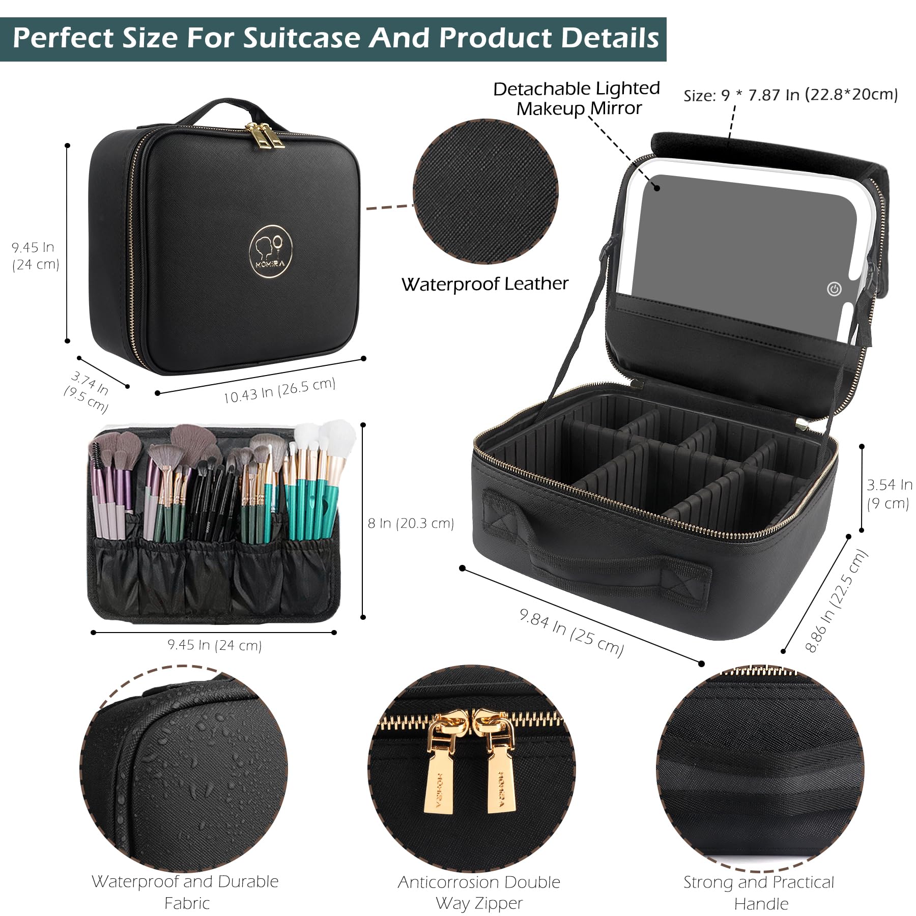 MOMIRA Travel Makeup Bag Cosmetic Bag with Lighted Mirror, Adjustable Brightness in 3 Color Scenarios, Waterproof, 10x Magnifying Mirror, Rotatable Independent Light Mirror- Black(Solid)