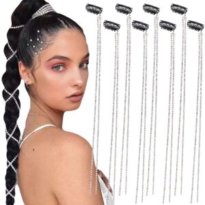 8 pieces long rhinestone hair chains,punk tassel hair clips bling crystal hair extension 20 inch head chain silver decorative hair clip hairpin for women and girls nightclub party daily headwear