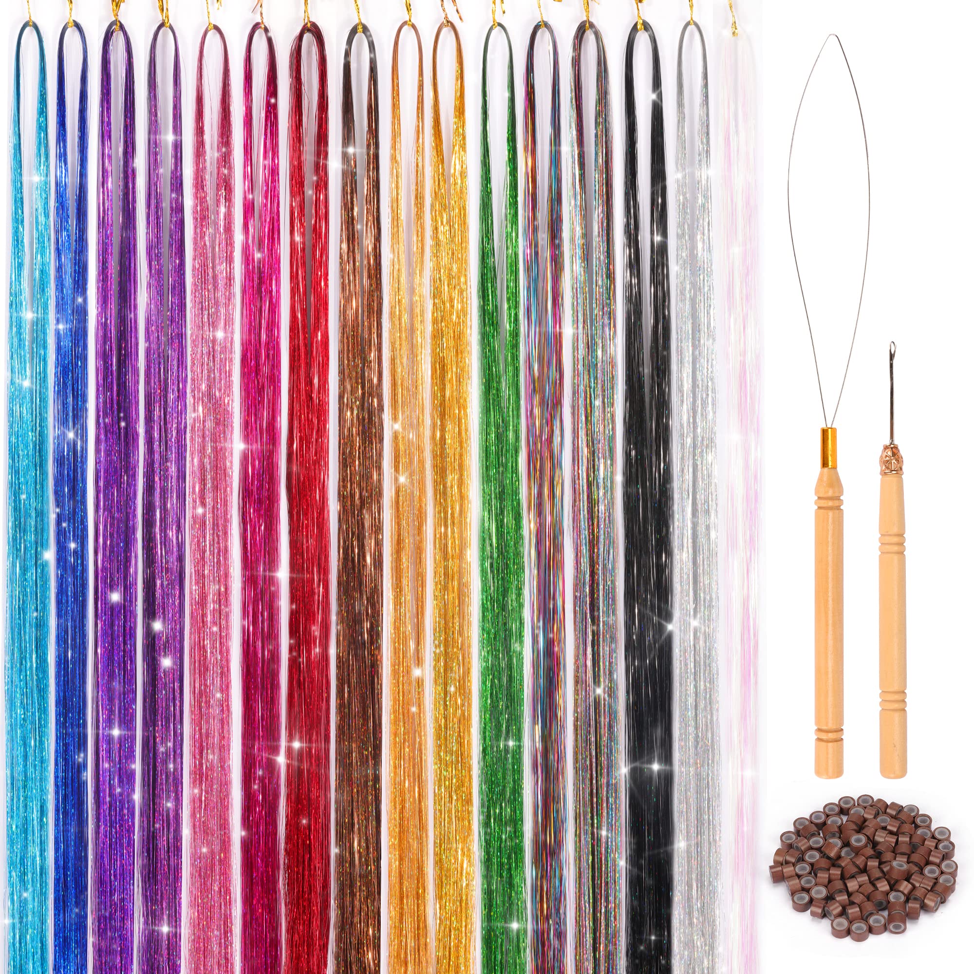 16 Colors Hair Tinsel Kit, ELASO 48 Inches 3300 Strands Tinsel Hair Extensions, Fairy Hair Tinsel for Christmas Halloween Cosplay Party, Highlights Sparkling Glitter Hair