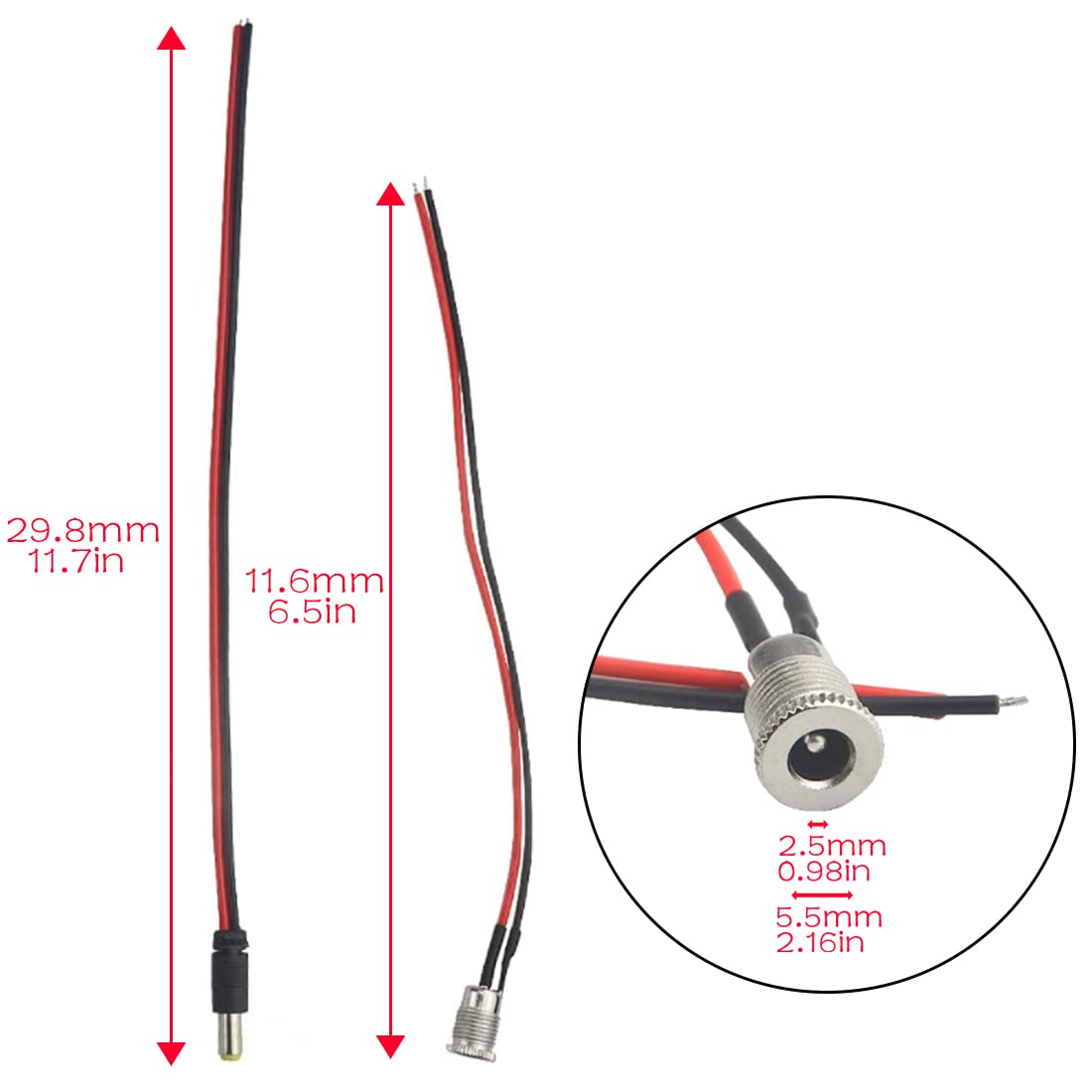 SDTC Tech 3 Sets 5.5 x 2.5 MM 10A DC Power Jack Socket Threaded Female Mount Connector Adapter & 12V Male DC Power Pigtail Cable with Dustproof Plug