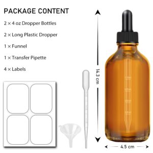 2 Pack 4 oz Amber Dropper Bottles, Tincture Bottles with Dropper, Glass Serum Bottle with Dropper for Essential Oils with Funnel, Labels & Pipette(Unbreakable Plastic Eye Dropper)