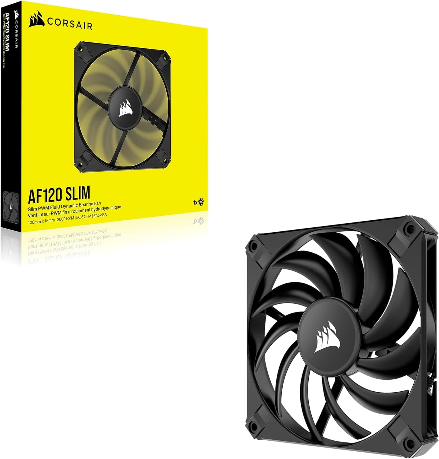 Corsair AF120 Slim, 120mm PWM Fluid Dynamic Bearing Fan (Thin Profile for Small-Form-Factor Cases, Low-Noise, Up to 2000 RPM, Zero RPM Mode Support, Universal 120x15mm Sizing) Single Pack, Black