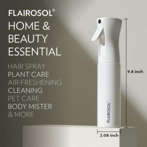 FLAIROSOL - The Original, Spray Bottle for Hair, Continuous Ultra Fine Water Mister Spray Bottle for Hairstyling, Barbers, Salons, Cleaning, Plants, 10.1oz/300ml, White Bottle - Black Print