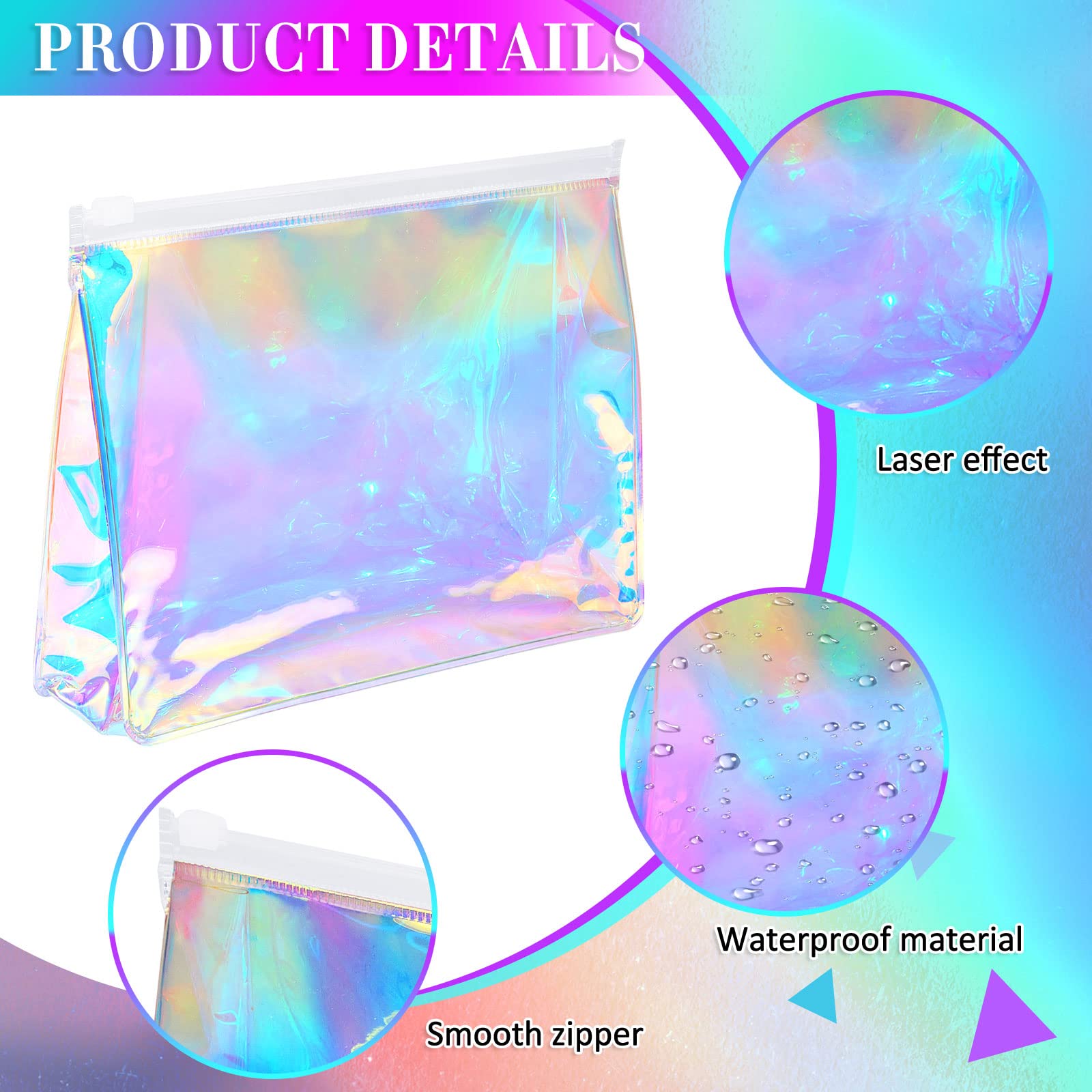 Dunzy 10 Pcs Holographic Iridescent Makeup Bag Portable Waterproof Cosmetic Makeup Pouch Cute Zippered Toiletry Bag Clear Cosmetic Bags for Travel Women Girls