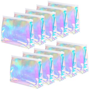 dunzy 10 pcs holographic iridescent makeup bag portable waterproof cosmetic makeup pouch cute zippered toiletry bag clear cosmetic bags for travel women girls