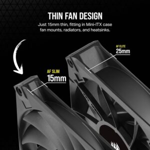 Corsair AF120 Slim, 120mm PWM Fluid Dynamic Bearing Fan (Thin Profile for Small-Form-Factor Cases, Low-Noise, Up to 2000 RPM, Zero RPM Mode Support, Universal 120x15mm Sizing) Single Pack, Black