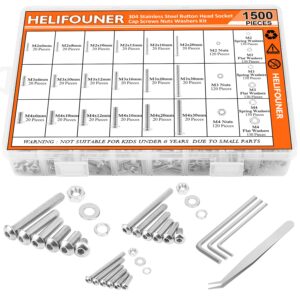 helifouner 1500 pieces m2 m3 m4, 304 stainless steel button head socket cap metric screws bolts washers nuts hardware assortment kit with hex wrenches