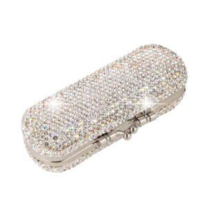 asalways shiny rhinestone crystal portable lipstick case with mirror portable bling diamonds makeup cosmetic storage holder for travel ladies fashion(silver)