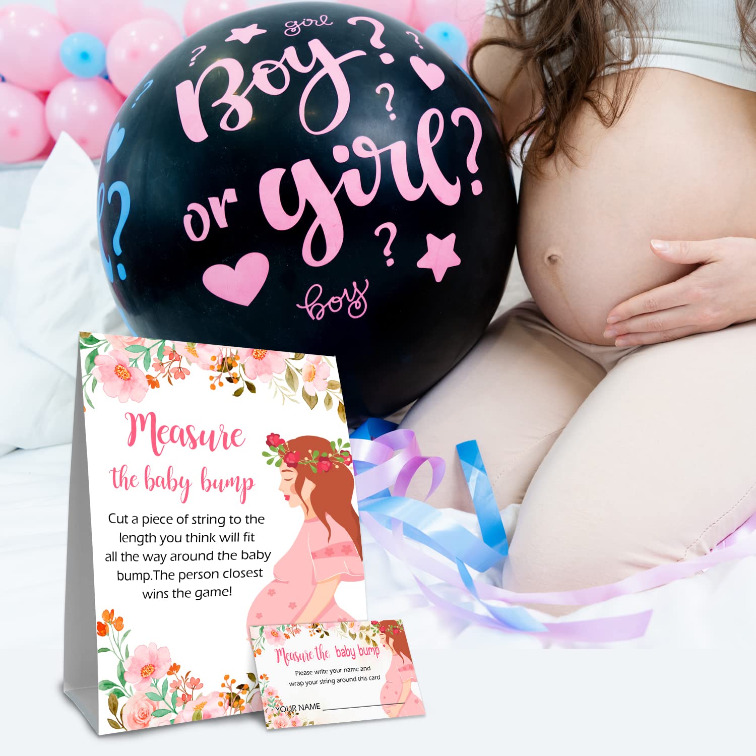 Measure Mommy's Belly Sign, Blush Pink Floral Baby Shower Sign, Measure the Baby Bump How Big is Mommy's Belly, Guessing Game for Gender Reveal Party- Game Set(1 Standing Sign + 50 Guessing Cards)