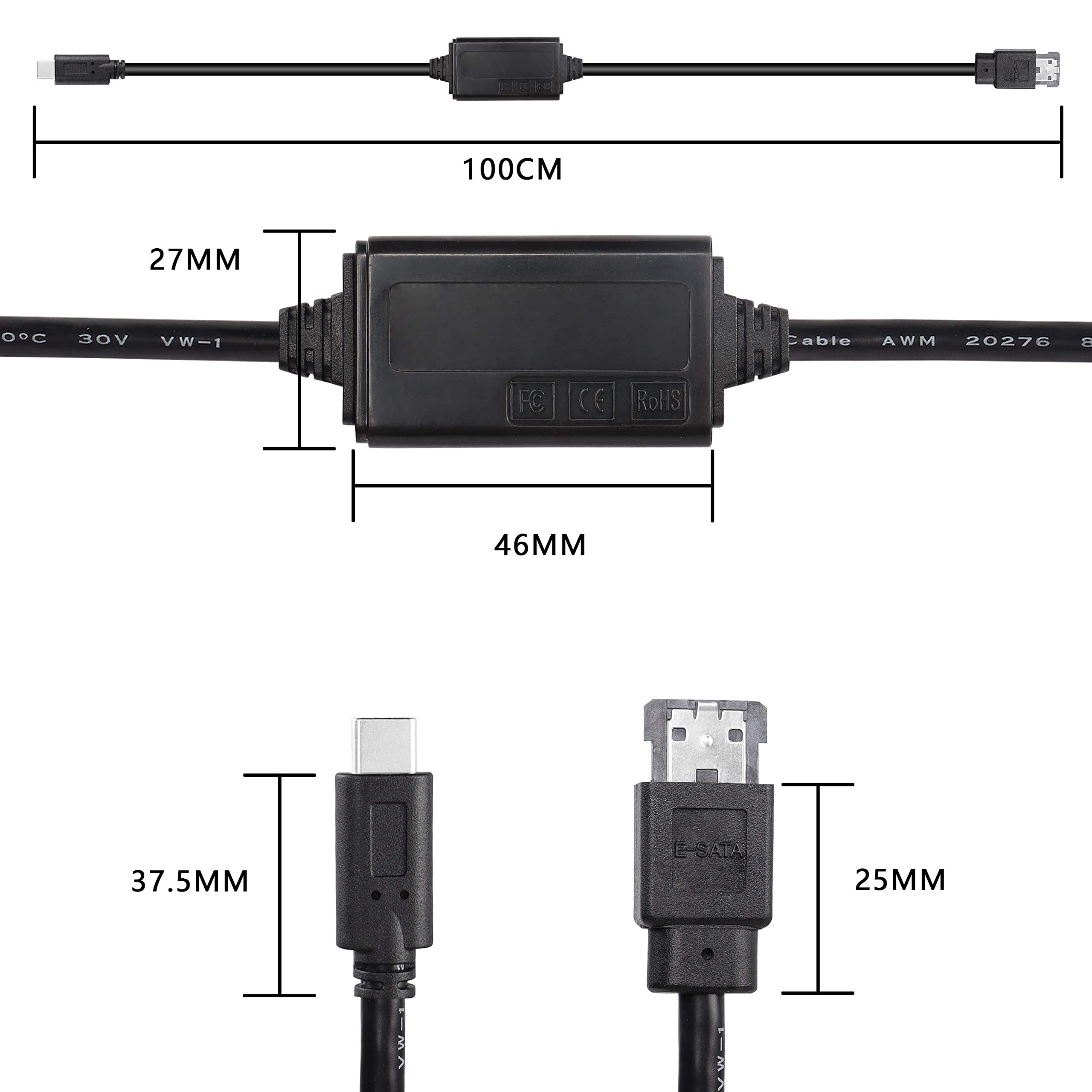 XMSJSIY USB-C Type-C to eSATA Adapter Cable 5Gbps USB C to Power eSATA Converter Cable 5V for HDD/SSD/ODD Laptop PC - 3 ft/1M