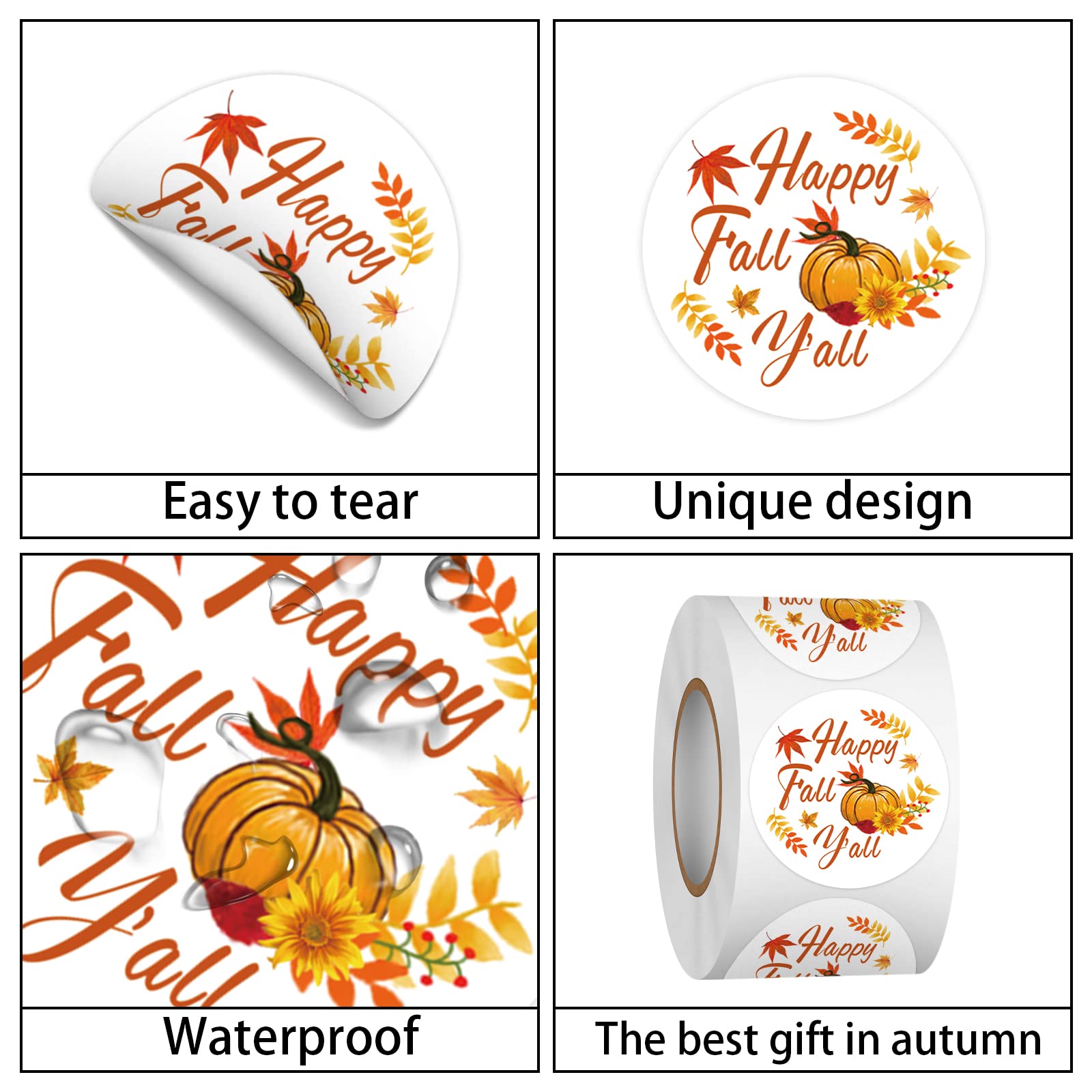 Heyfibro 500 PCS Happy Fall Y'all Stickers, 1.5 Inch Thanksgiving Stickers Label for Packing, Party, Bags, Boxes（Pumpkin）